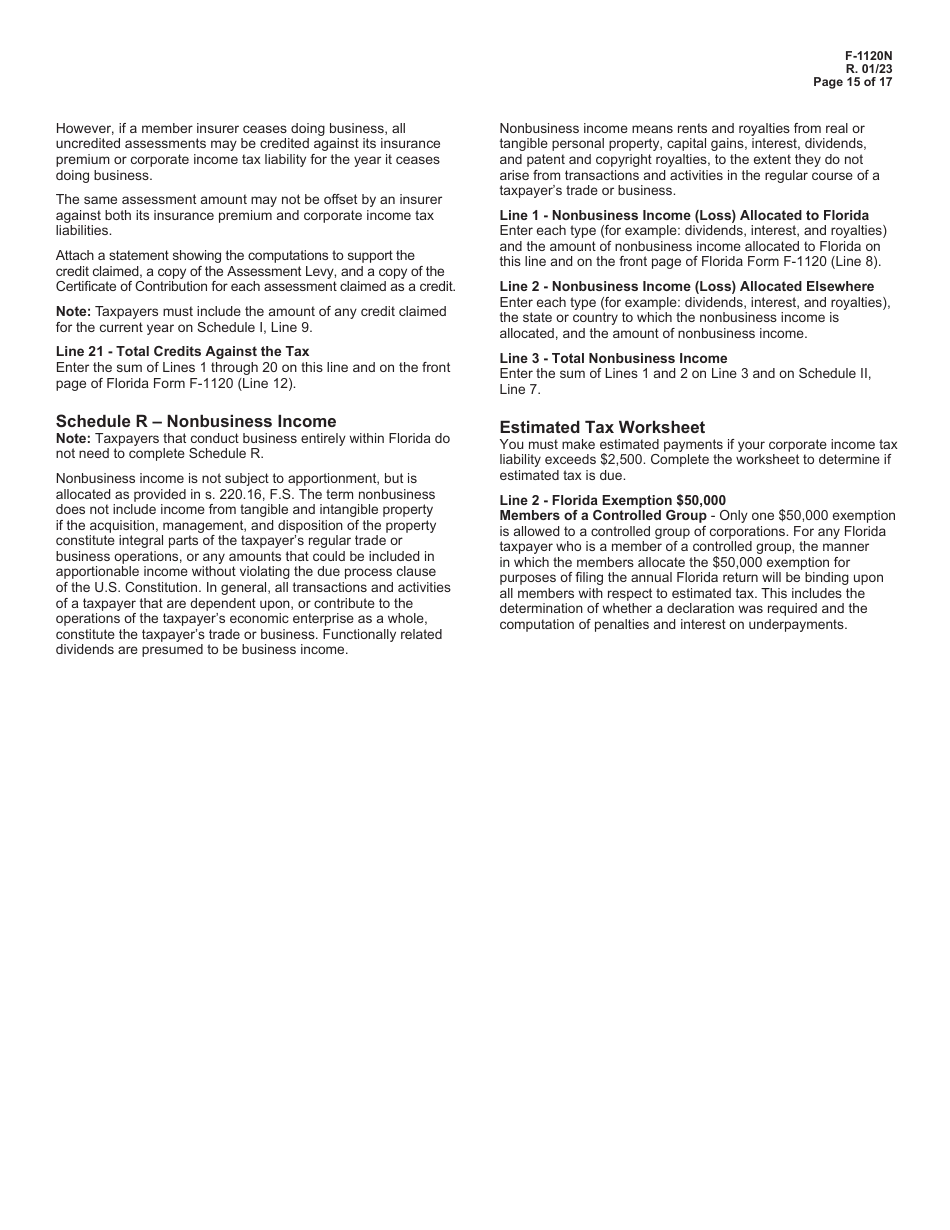 Download Instructions for Form F-1120 Florida Corporate Income ...