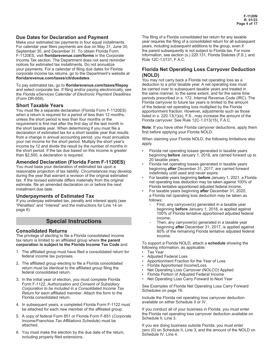 Download Instructions for Form F-1120 Florida Corporate Income ...