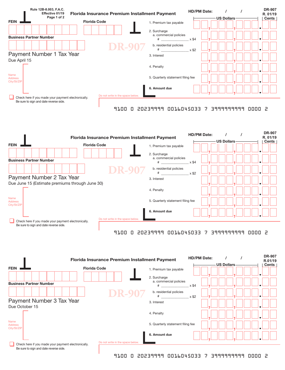 Form DR-907 Download Printable PDF or Fill Online Insurance Premium Installment Payment, Florida ...