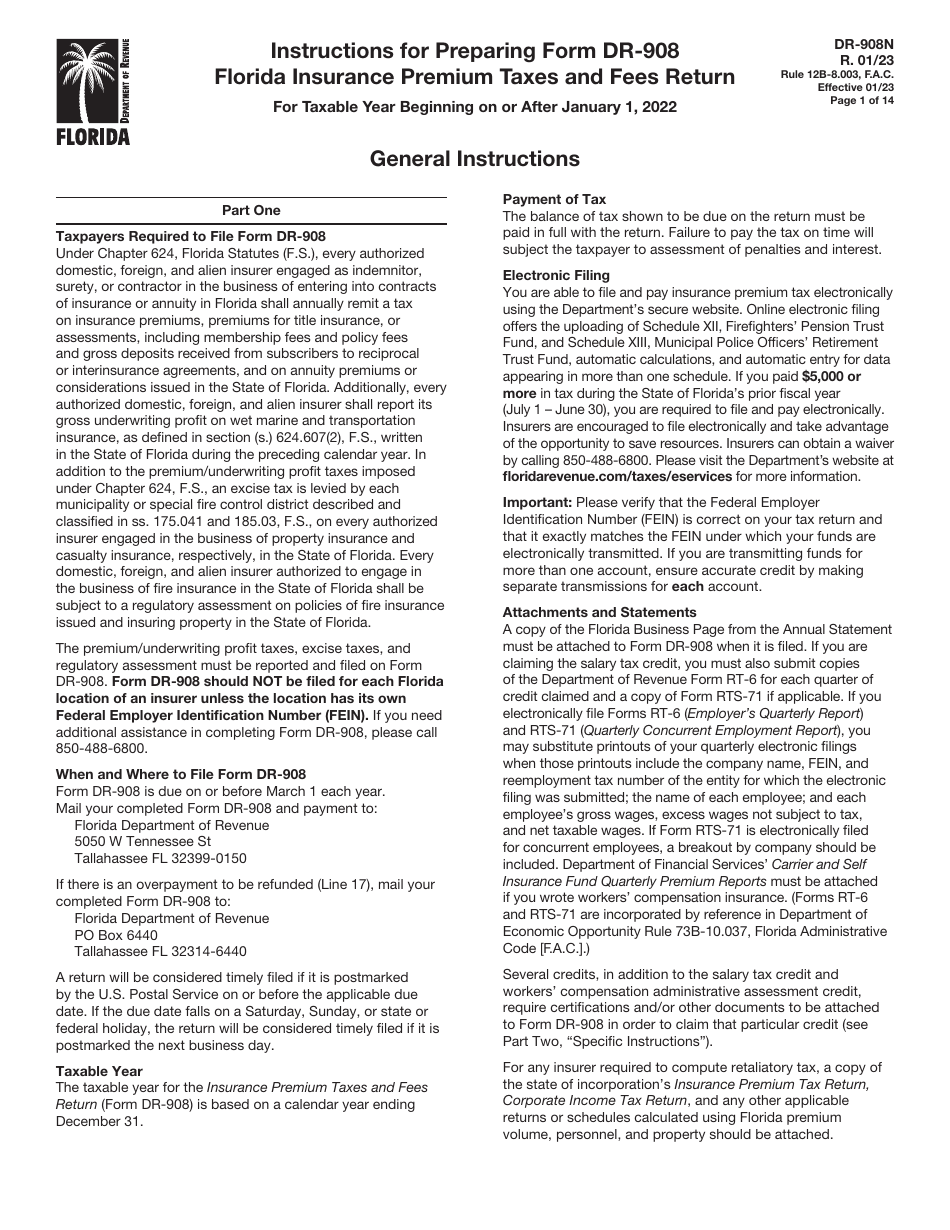 Download Instructions for Form DR-908 Insurance Premium Taxes and Fees ...