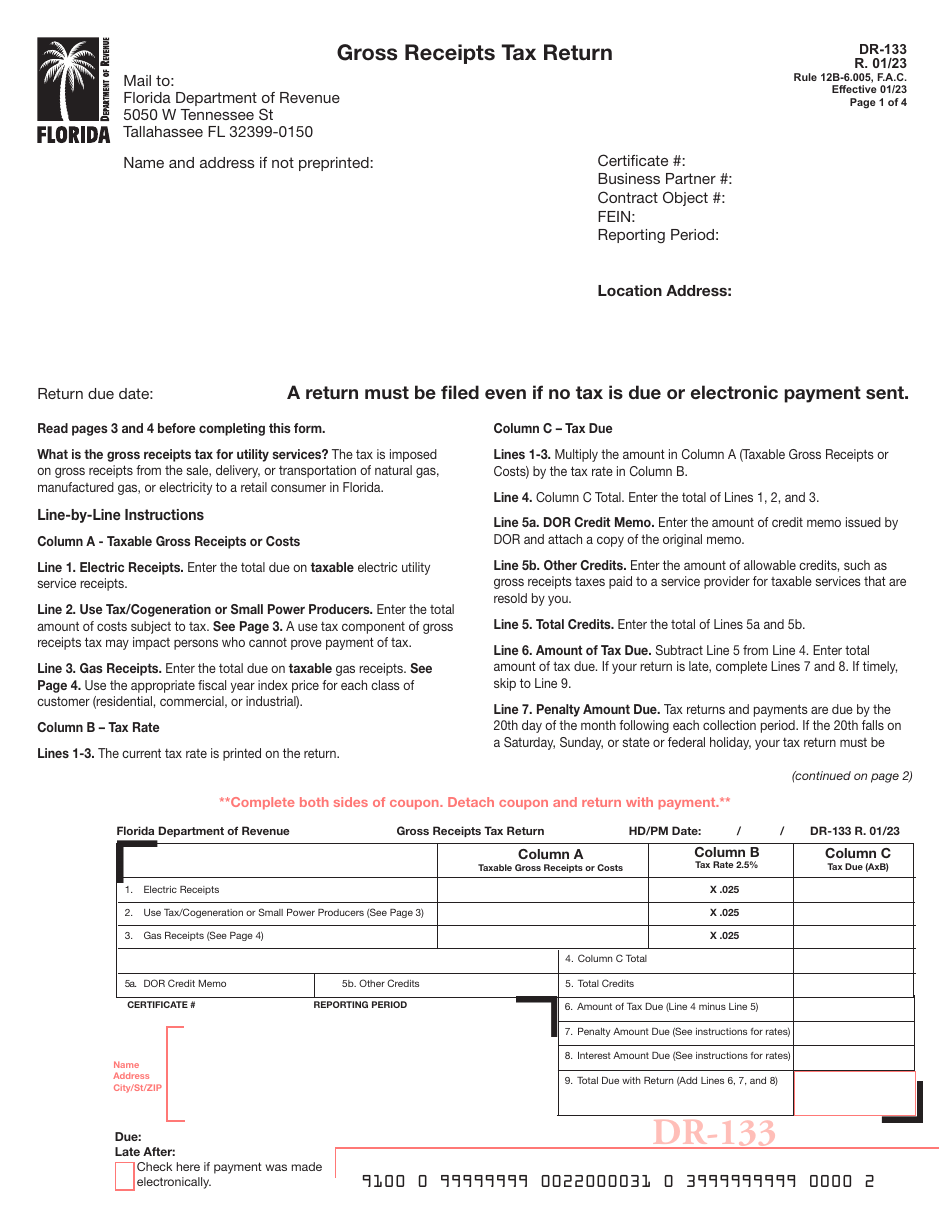 Form DR-133 Download Printable PDF or Fill Online Gross Receipts Tax ...