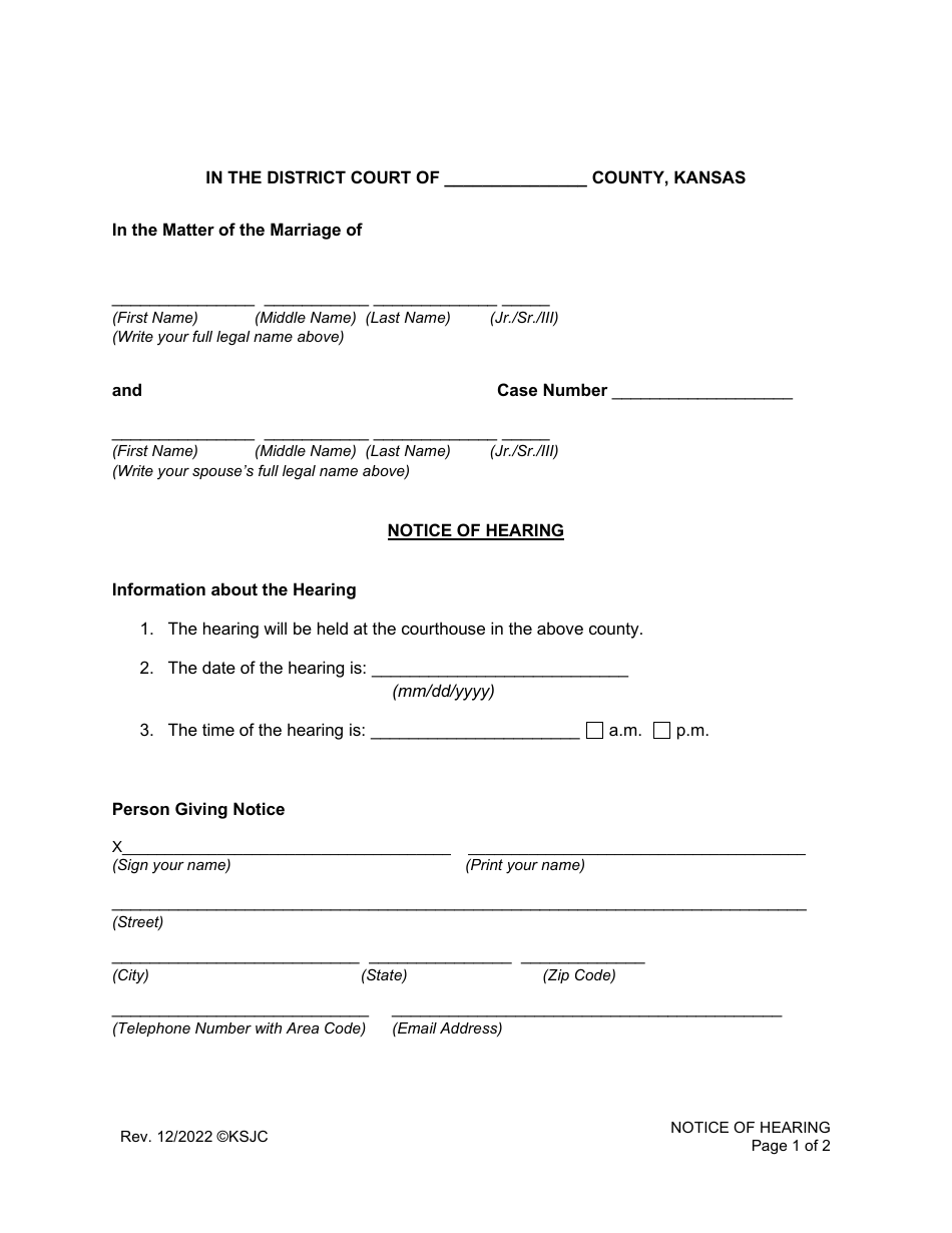 Kansas Notice of Hearing - Fill Out, Sign Online and Download PDF ...