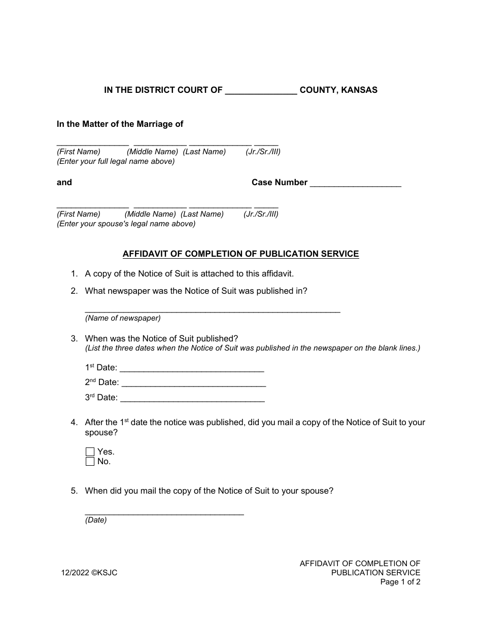 Kansas Affidavit of Completion of Publication Service - Fill Out, Sign ...
