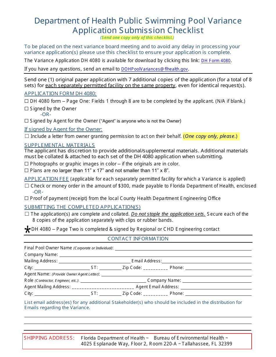 Florida Public Swimming Pool Variance Application Submission Checklist ...