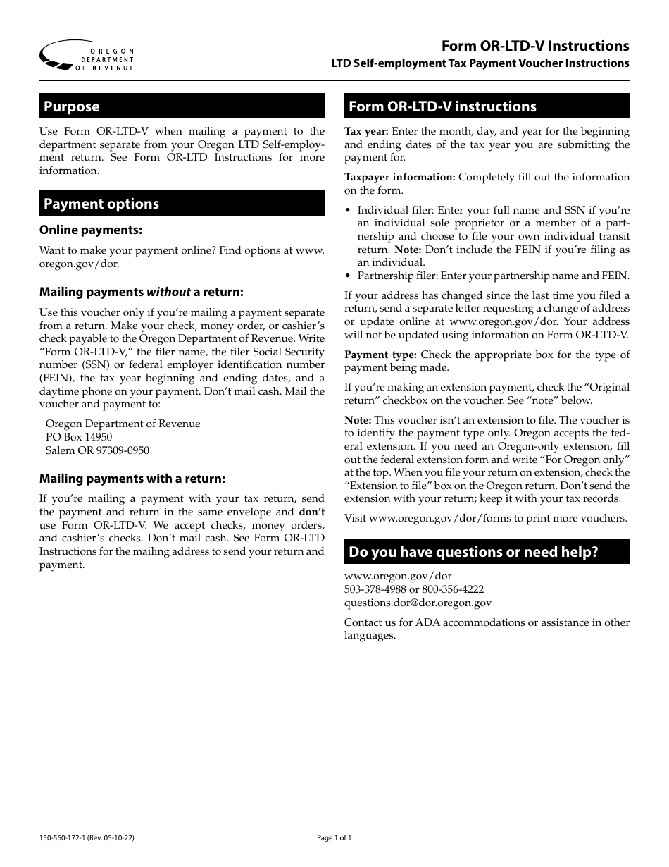Download Instructions for Form OR-LTD-V, 150-560-172 Ltd Self ...