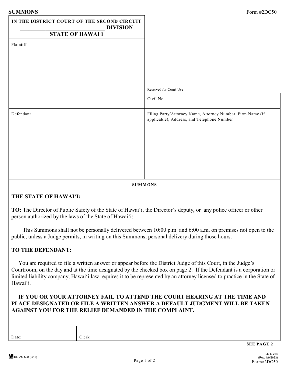 Form 2DC50 - Fill Out, Sign Online and Download Fillable PDF, Hawaii ...