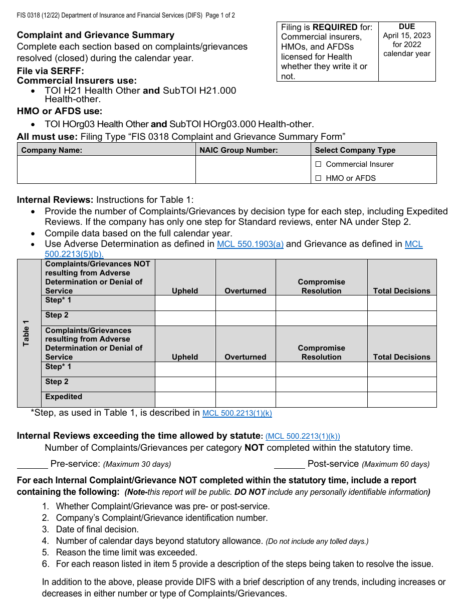 Form FIS0318 Download Fillable PDF or Fill Online Complaint and ...