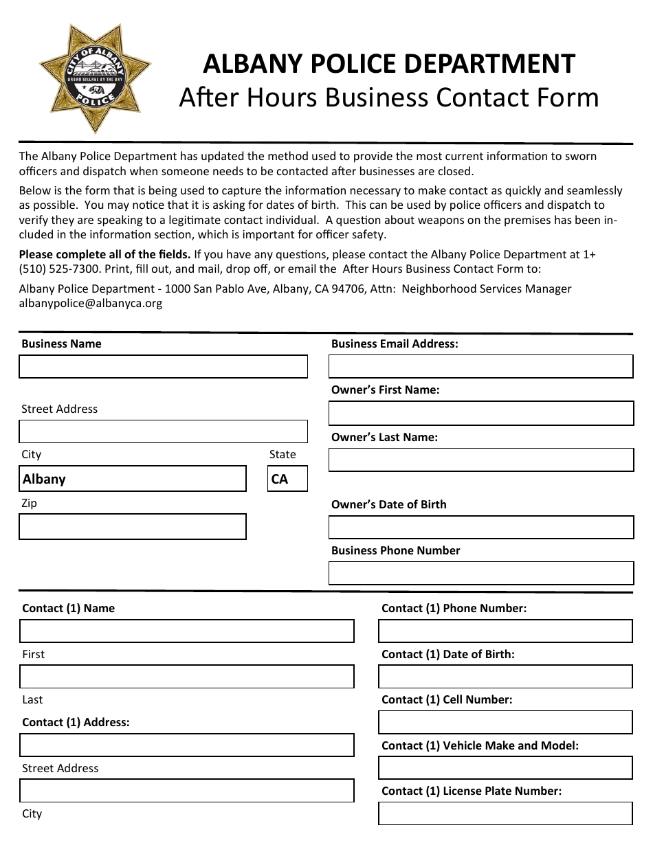 City of Albany, California After Hours Business Contact Form - Fill Out ...