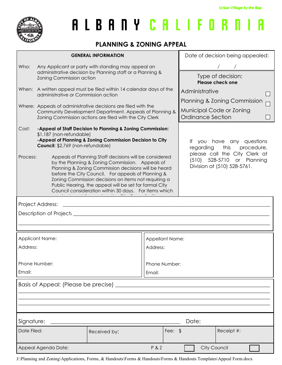 City of Albany, California Planning & Zoning Appeal Form - Fill Out ...