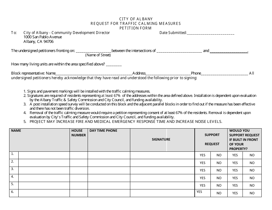 City of Albany, California Request for Traffic Calming Measures ...