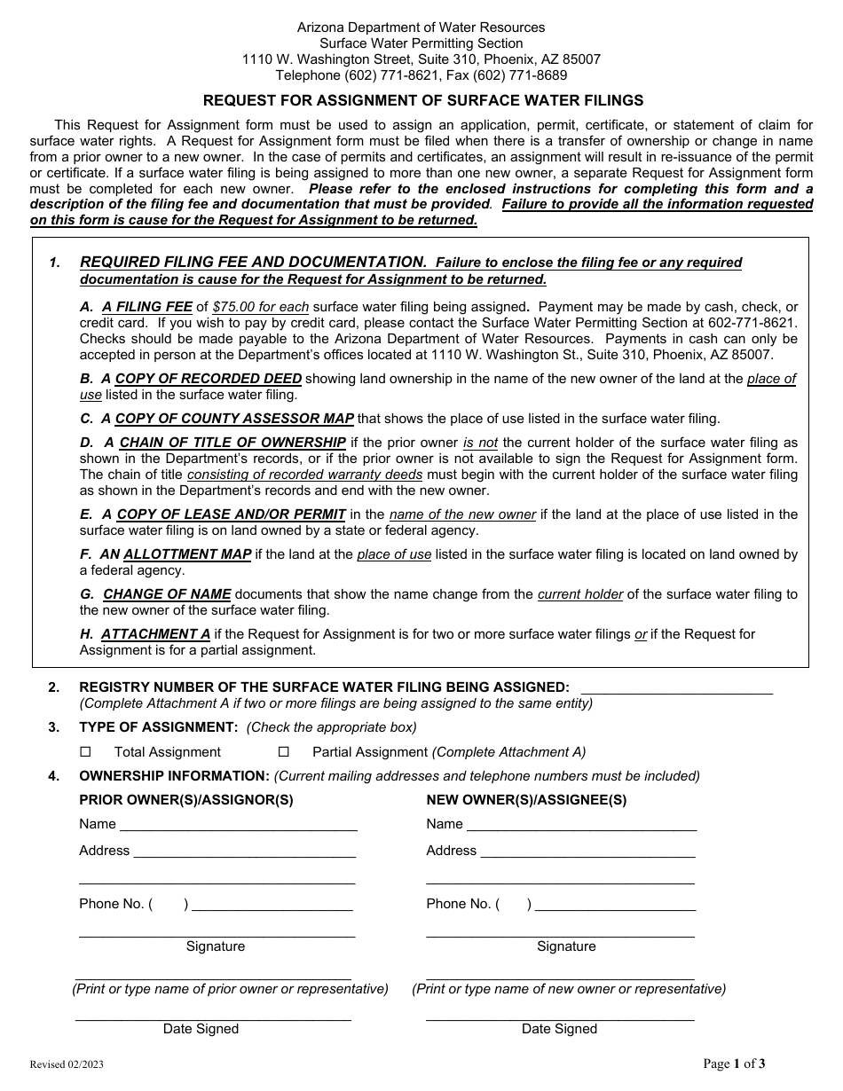 Arizona Request for Assignment of Surface Water Filings Download ...