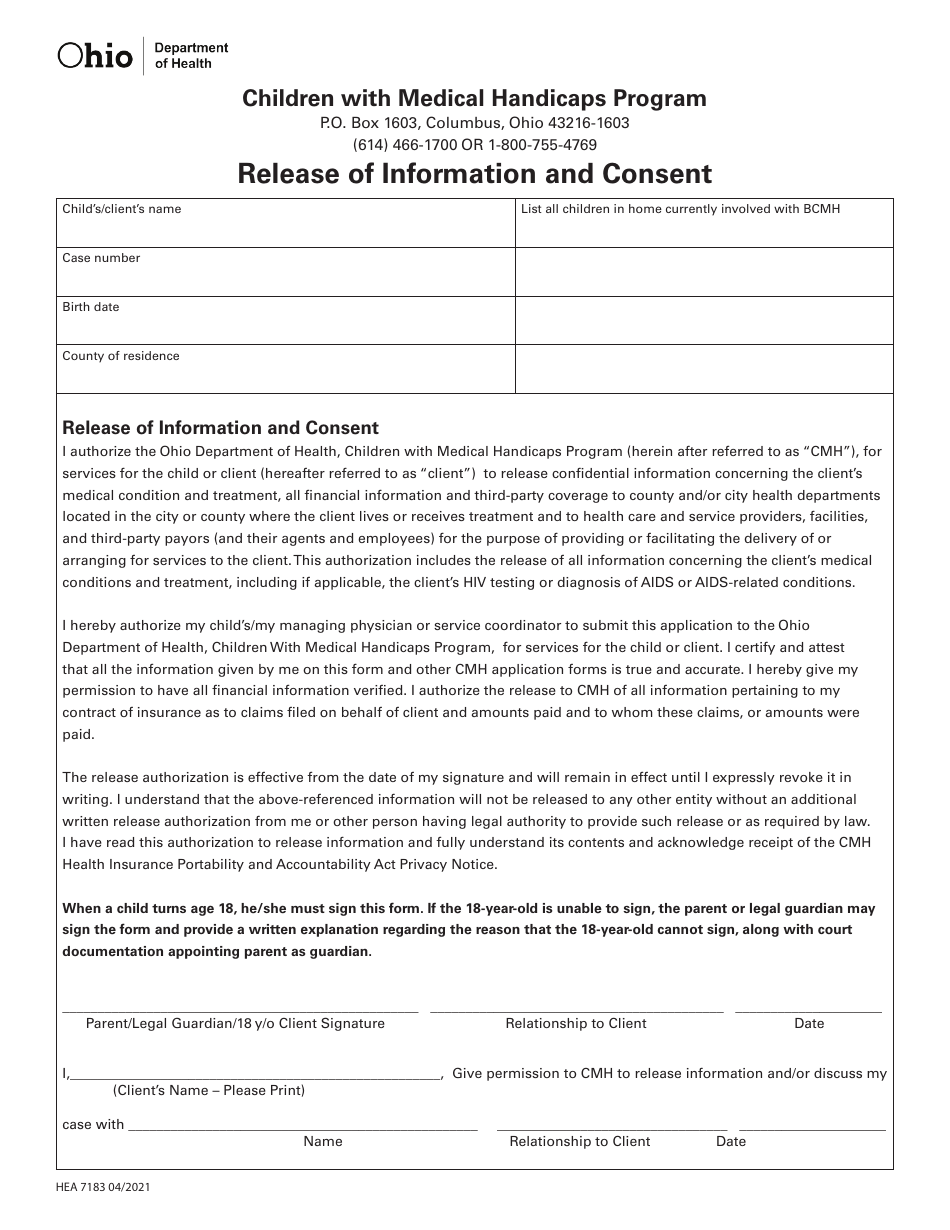 Form HEA7183 - Fill Out, Sign Online and Download Printable PDF, Ohio ...