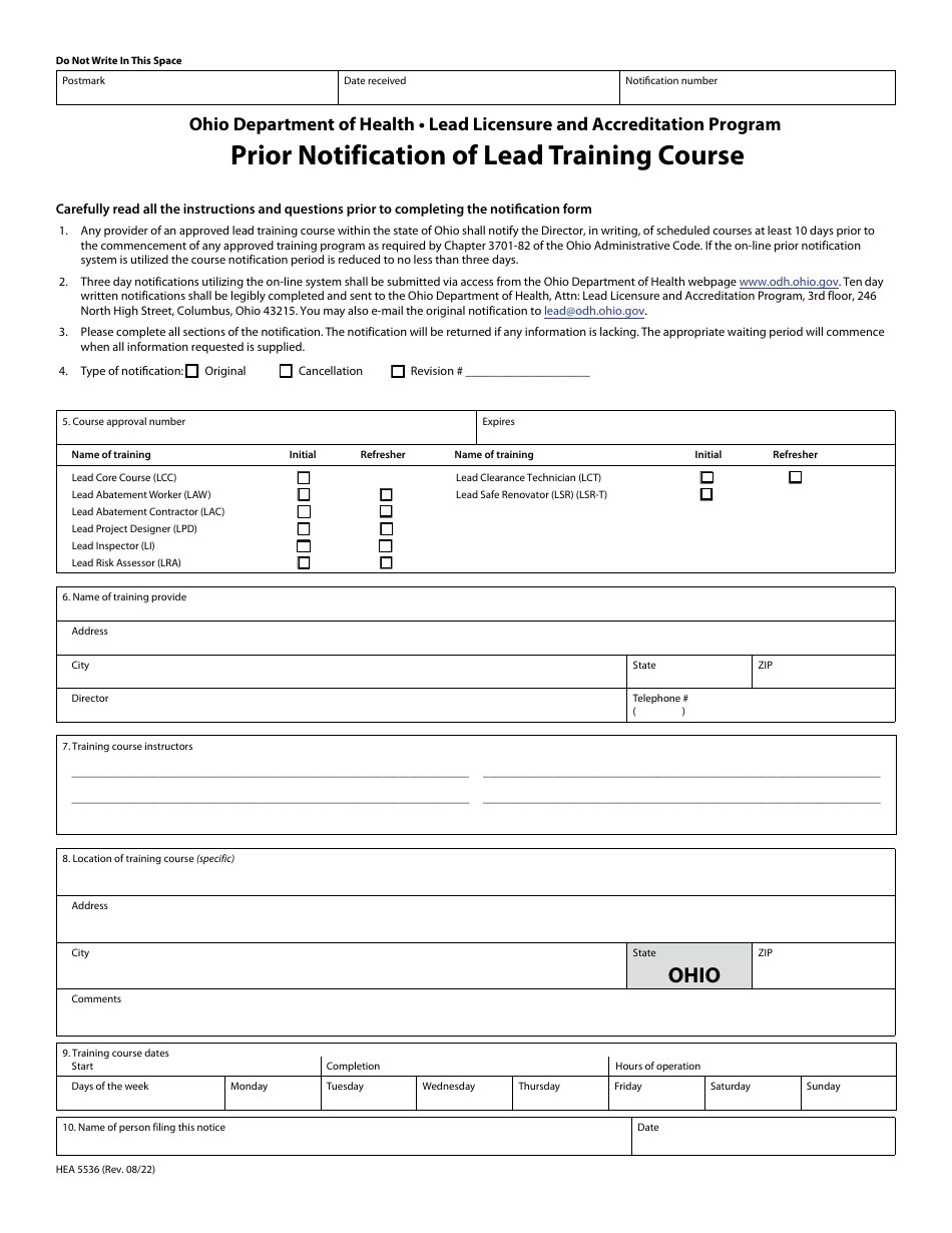 Form HEA5536 Download Fillable PDF or Fill Online Prior Notification of ...