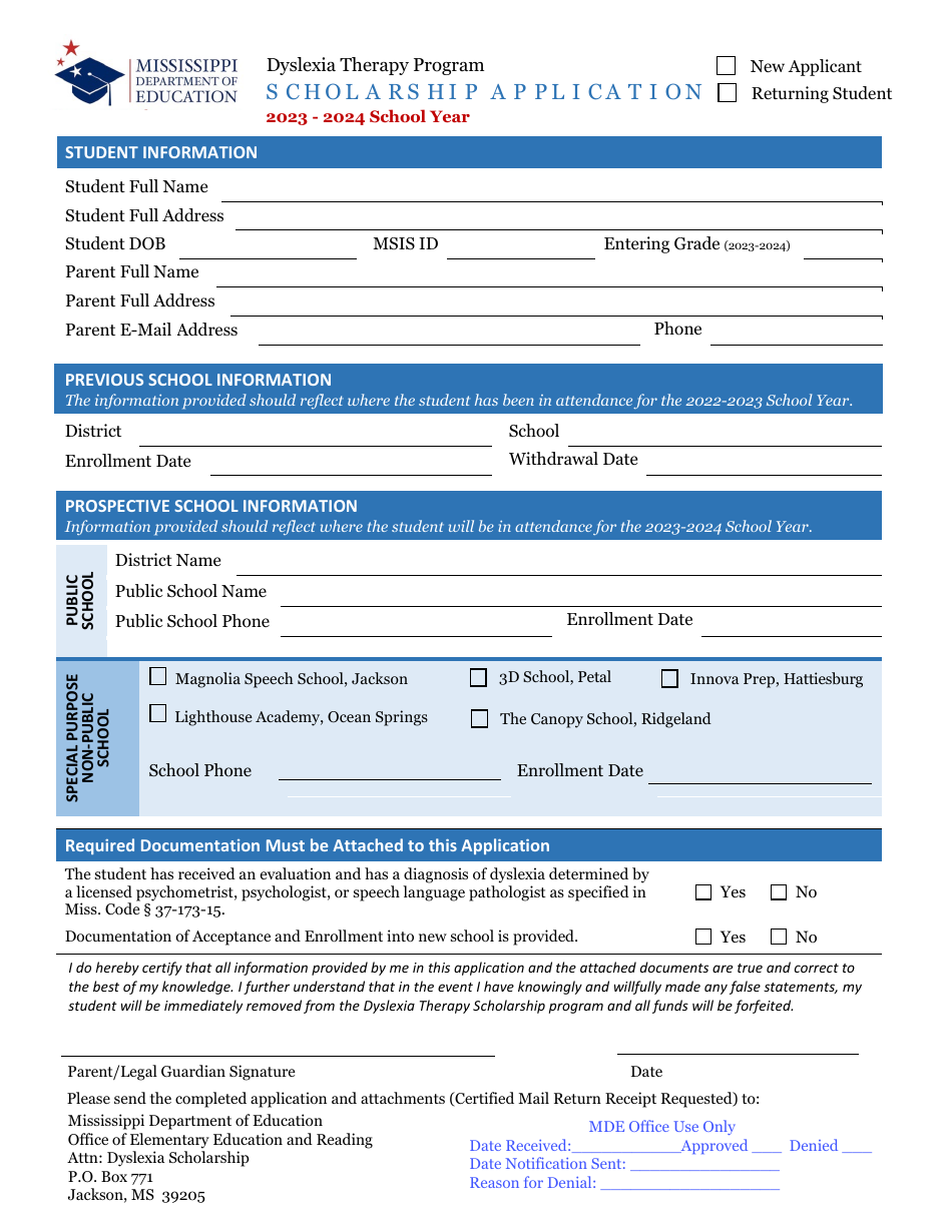 2024 Mississippi Scholarship Application - Dyslexia Therapy Program Download Fillable PDF ...