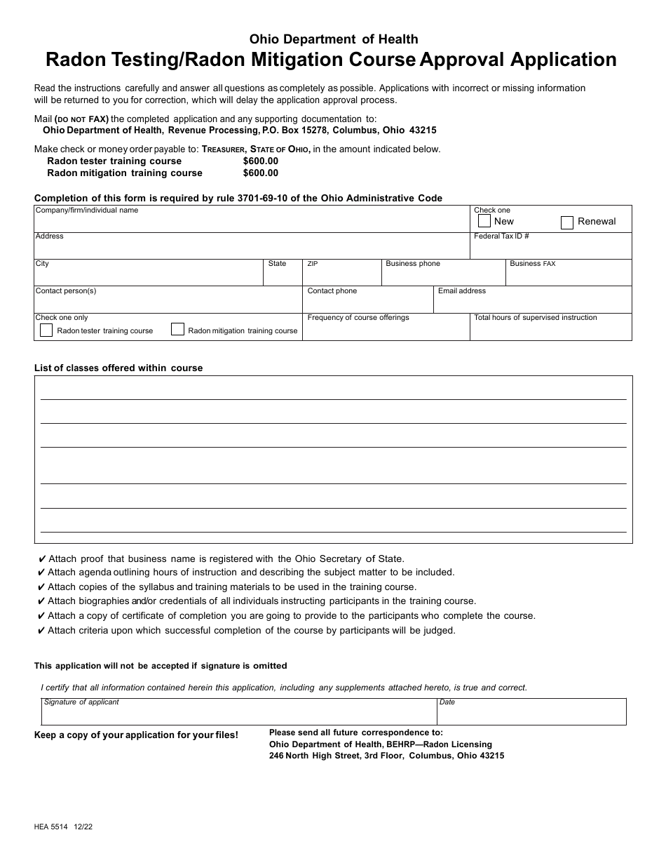 Form HEA5514 Download Fillable PDF or Fill Online Radon Testing/Radon ...