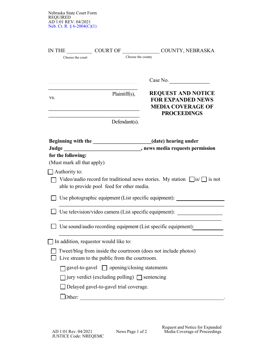 Form AD1:01 - Fill Out, Sign Online and Download Fillable PDF, Nebraska ...