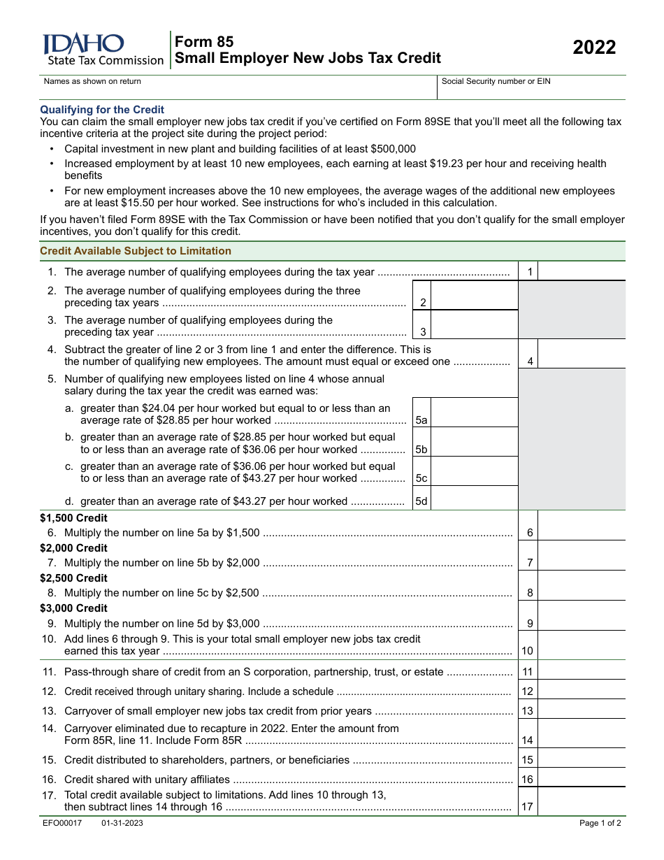 Form 85 (EFO00017) Download Fillable PDF or Fill Online Small Employer ...