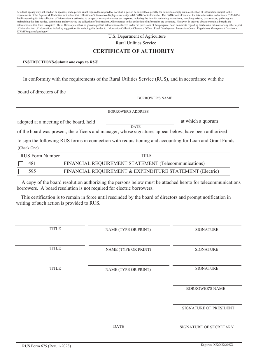 RUS Form 675 Download Fillable PDF or Fill Online Certificate of ...