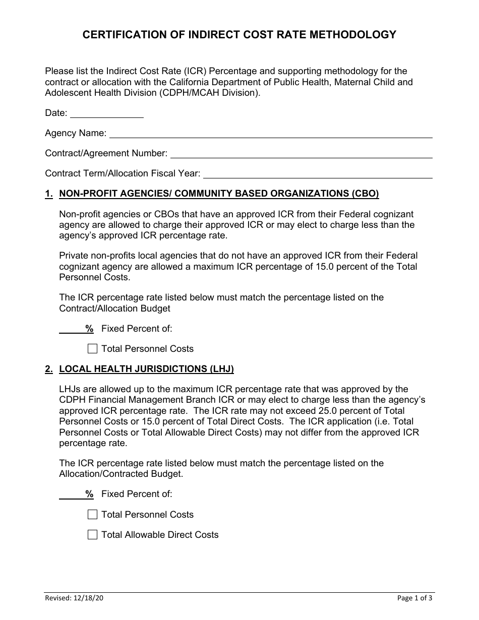 California Certification of Indirect Cost Rate Methodology - Fill Out ...