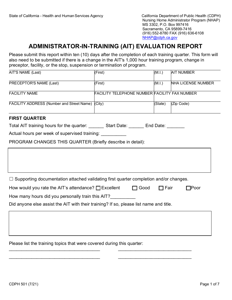 Form CDPH501 Download Fillable PDF or Fill Online Administrator in Training (Ait) Evaluation ...