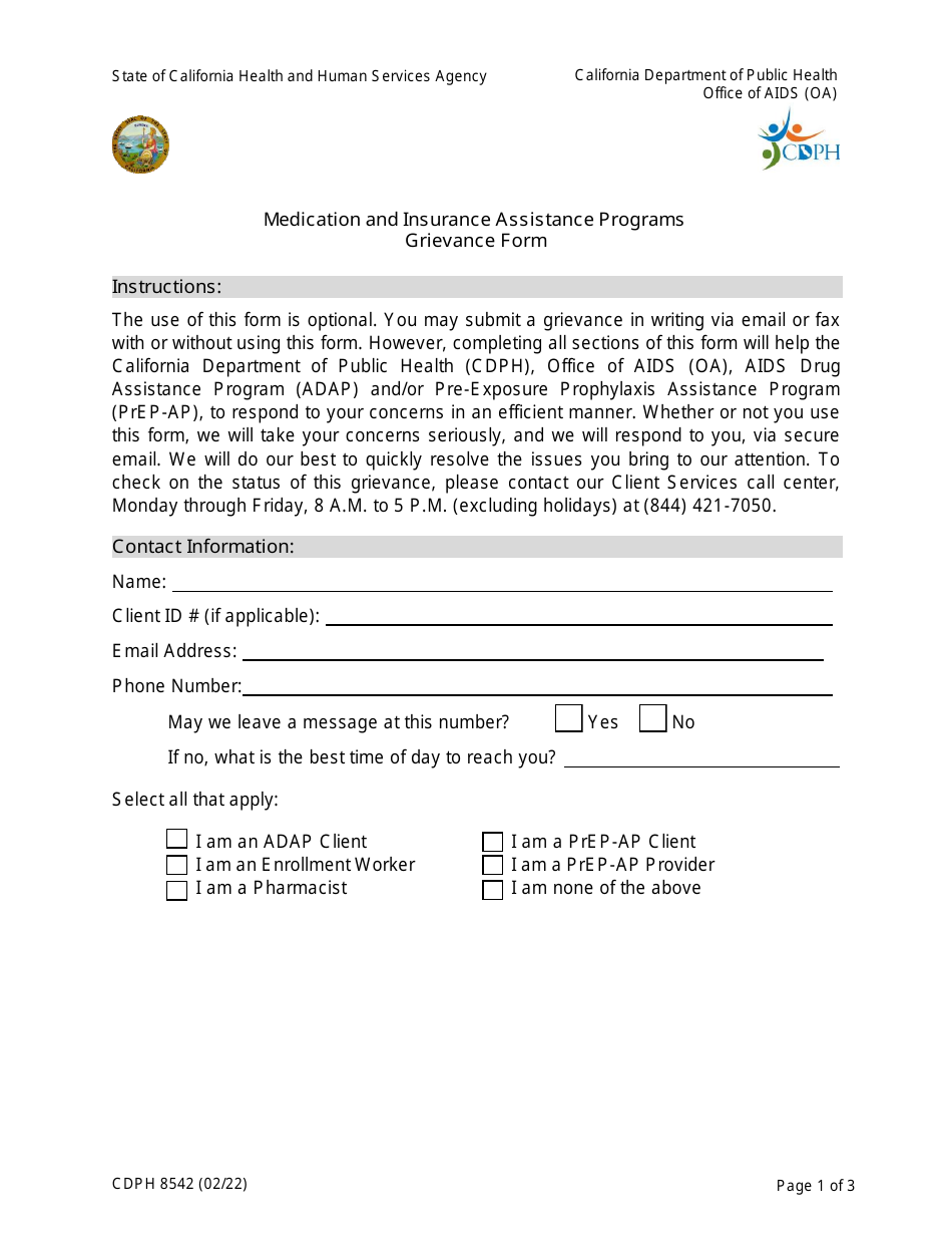 Form CDPH8542 - Fill Out, Sign Online and Download Fillable PDF ...