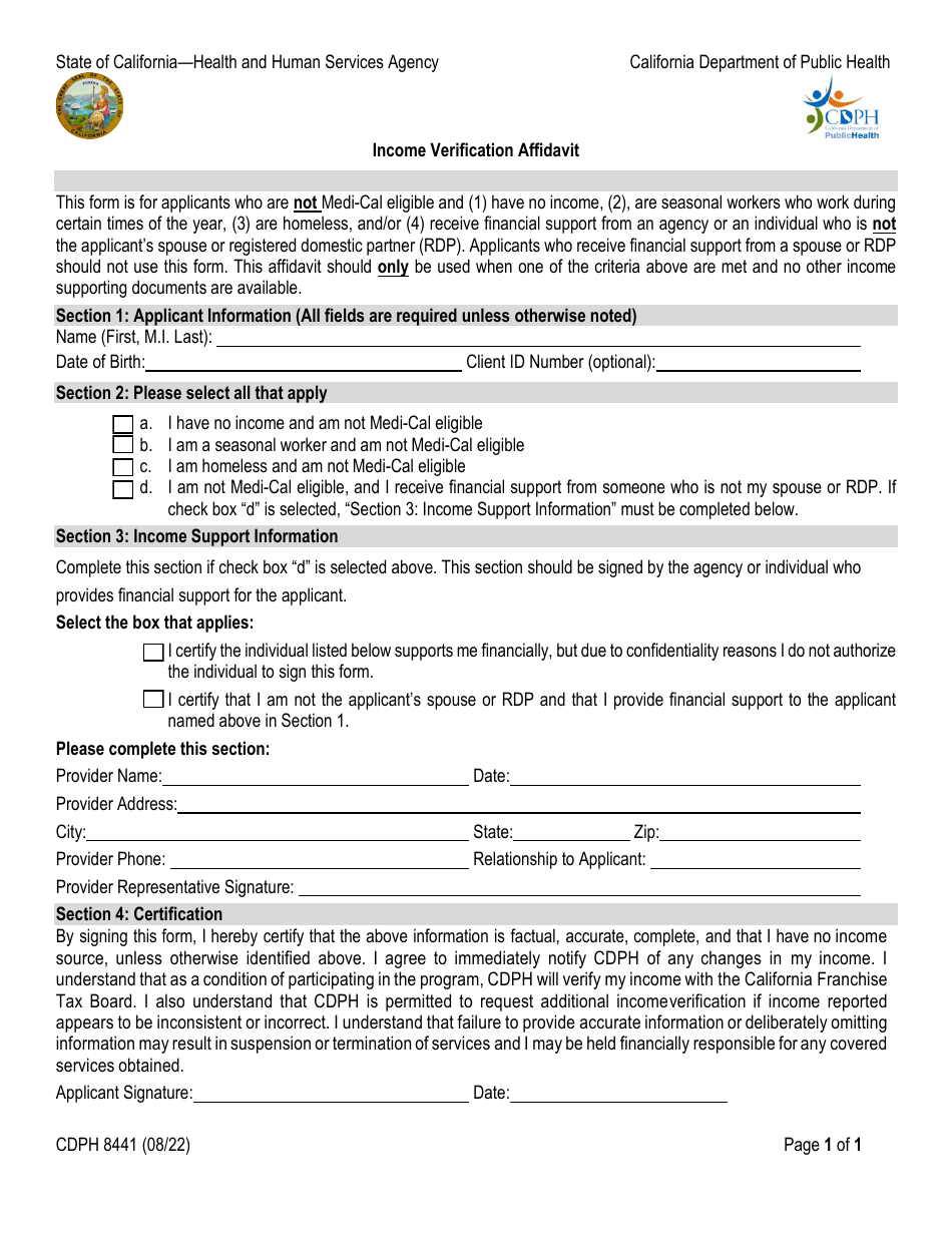 Form CDPH8441 Download Fillable PDF or Fill Online Income Verification ...