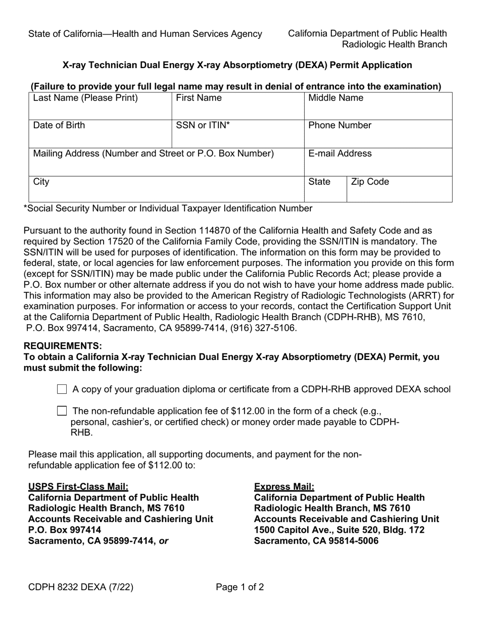Form CDPH8232 DEXA - Fill Out, Sign Online and Download Fillable PDF ...