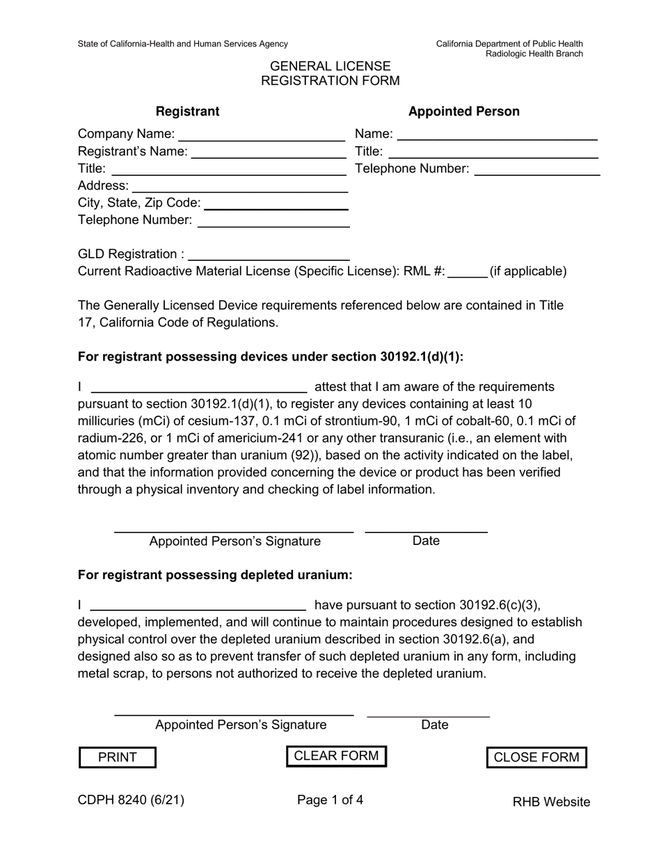 Form CDPH8240 Download Fillable PDF or Fill Online General License ...