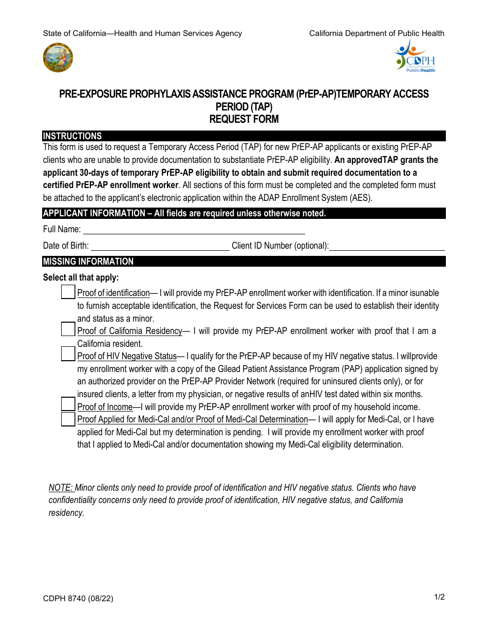 Form CDPH8740 Download Fillable PDF or Fill Online Temporary Access ...