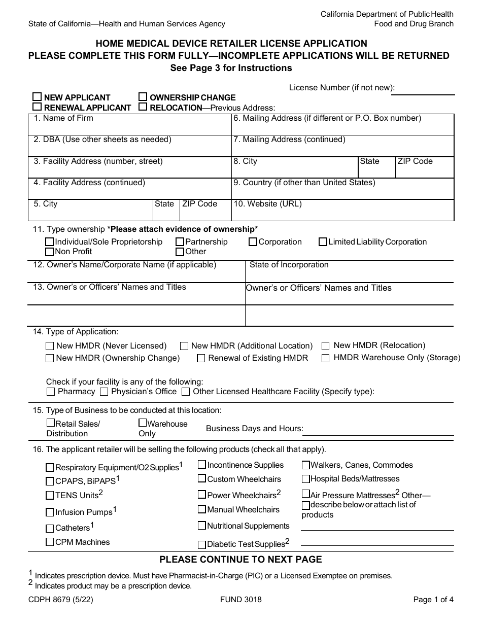 Form CDPH8679 Download Fillable PDF or Fill Online Home Medical Device ...