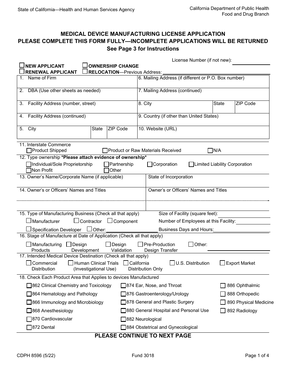 Form CDPH8596 Download Fillable PDF or Fill Online Medical Device ...