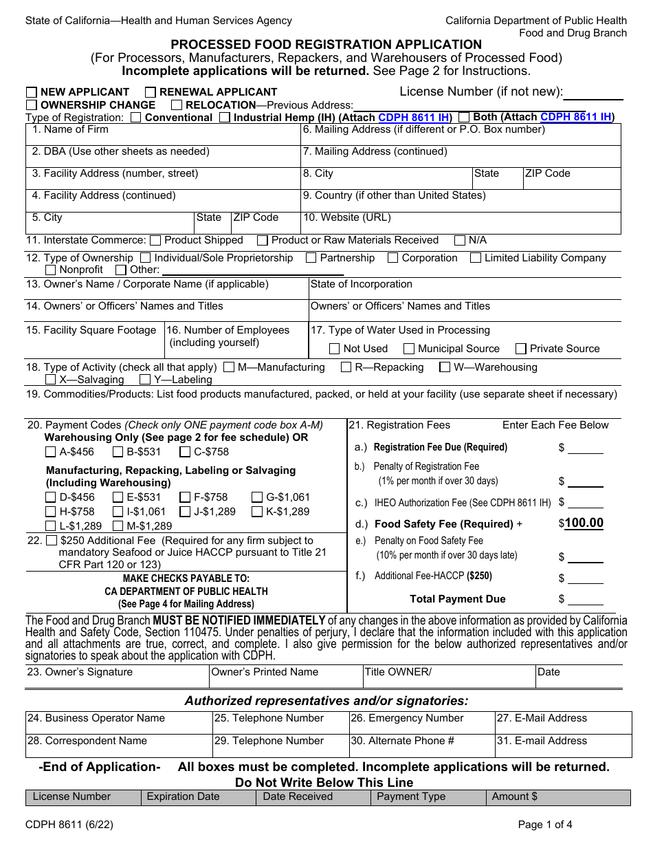 Form CDPH8611 Download Fillable PDF or Fill Online Processed Food ...