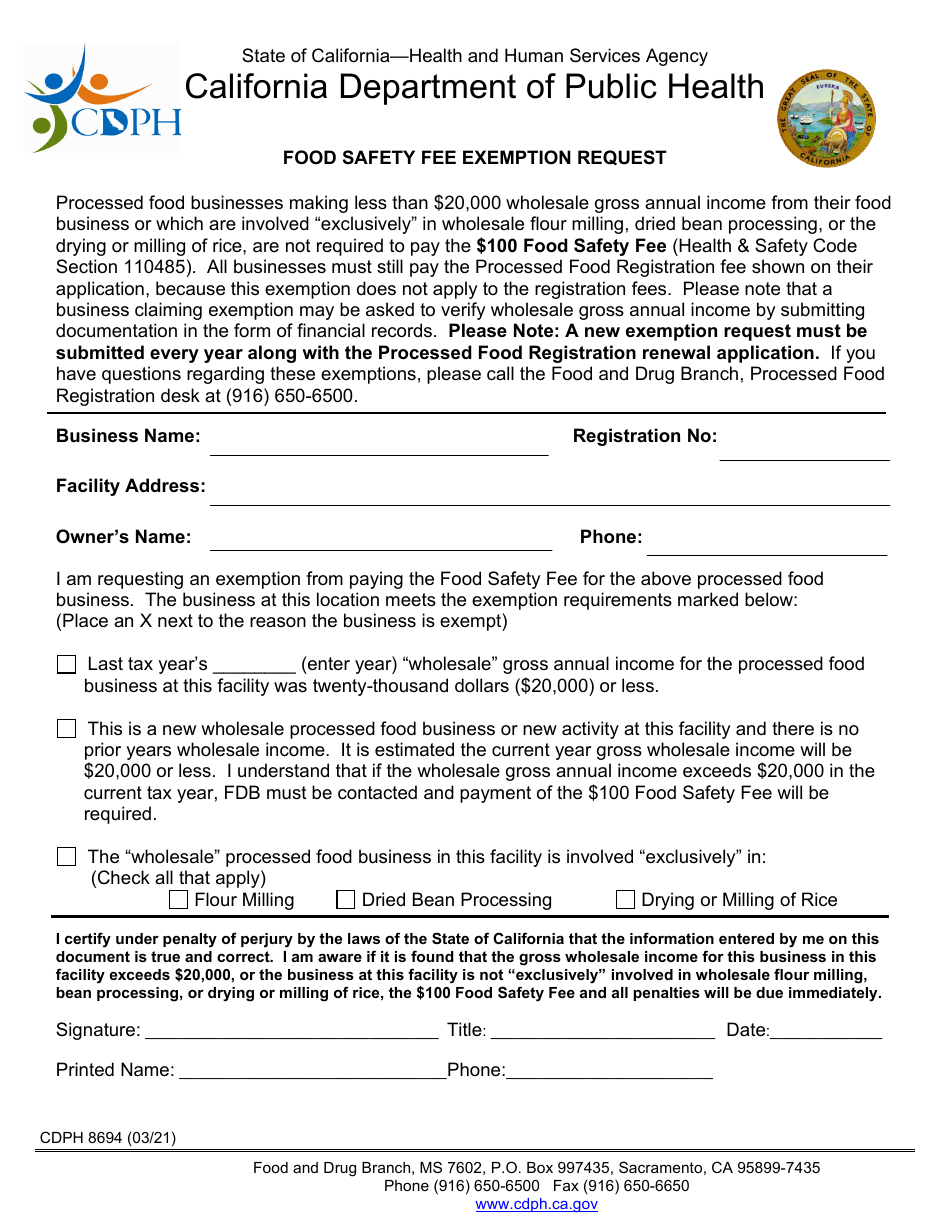 Form CDPH8694 Download Fillable PDF or Fill Online Food Safety Fee ...