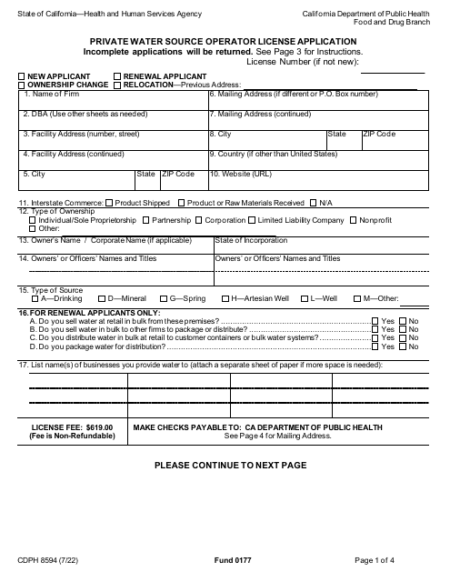Form CDPH8594 Download Fillable PDF or Fill Online Private Water Source ...