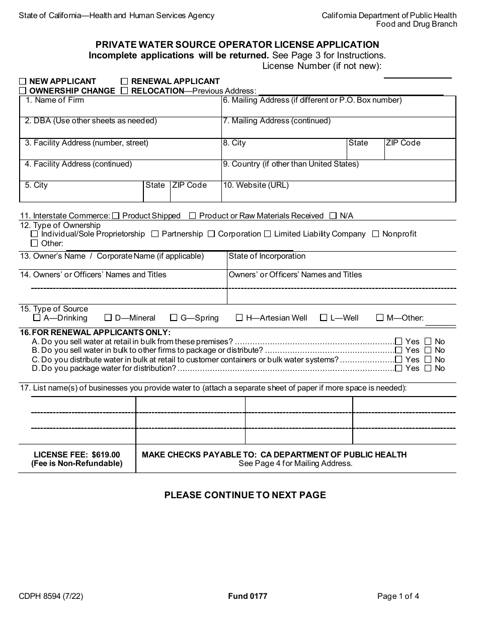 Form CDPH8594 Download Fillable PDF or Fill Online Private Water Source Operator License ...