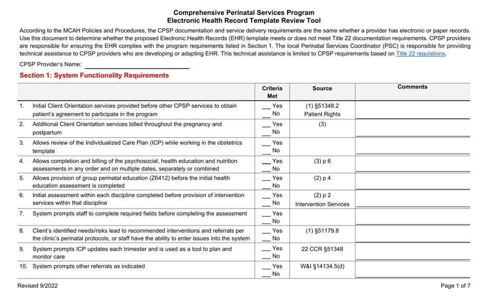 California Electronic Health Record Template Review Tool ...