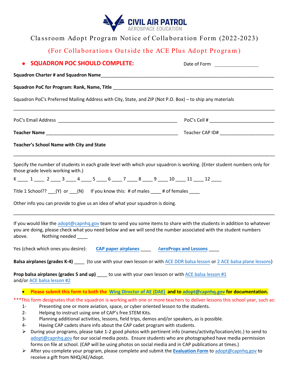 2023 Classroom Adopt Program Notice of Collaboration Form (For ...
