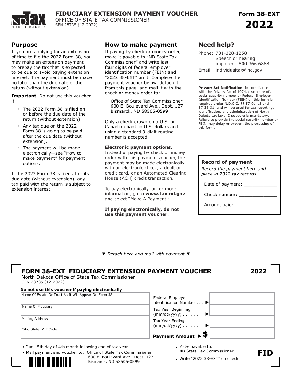 Form 38-EXT (SFN28735) - 2022 - Fill Out, Sign Online and Download Fillable PDF, North Dakota ...