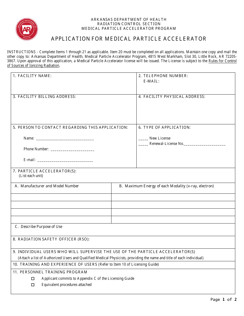 Arkansas Application for Medical Particle Accelerator - Fill Out, Sign ...