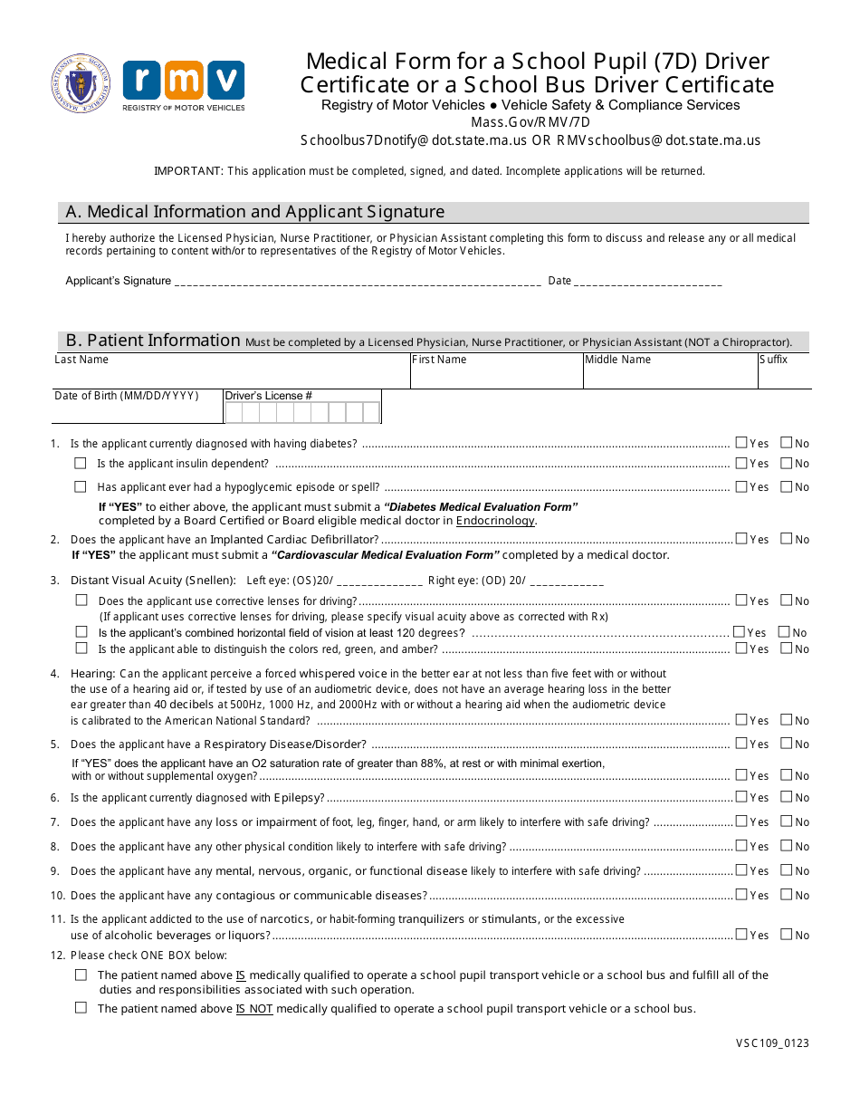 Form VSC109 Download Fillable PDF or Fill Online Medical Form for a ...