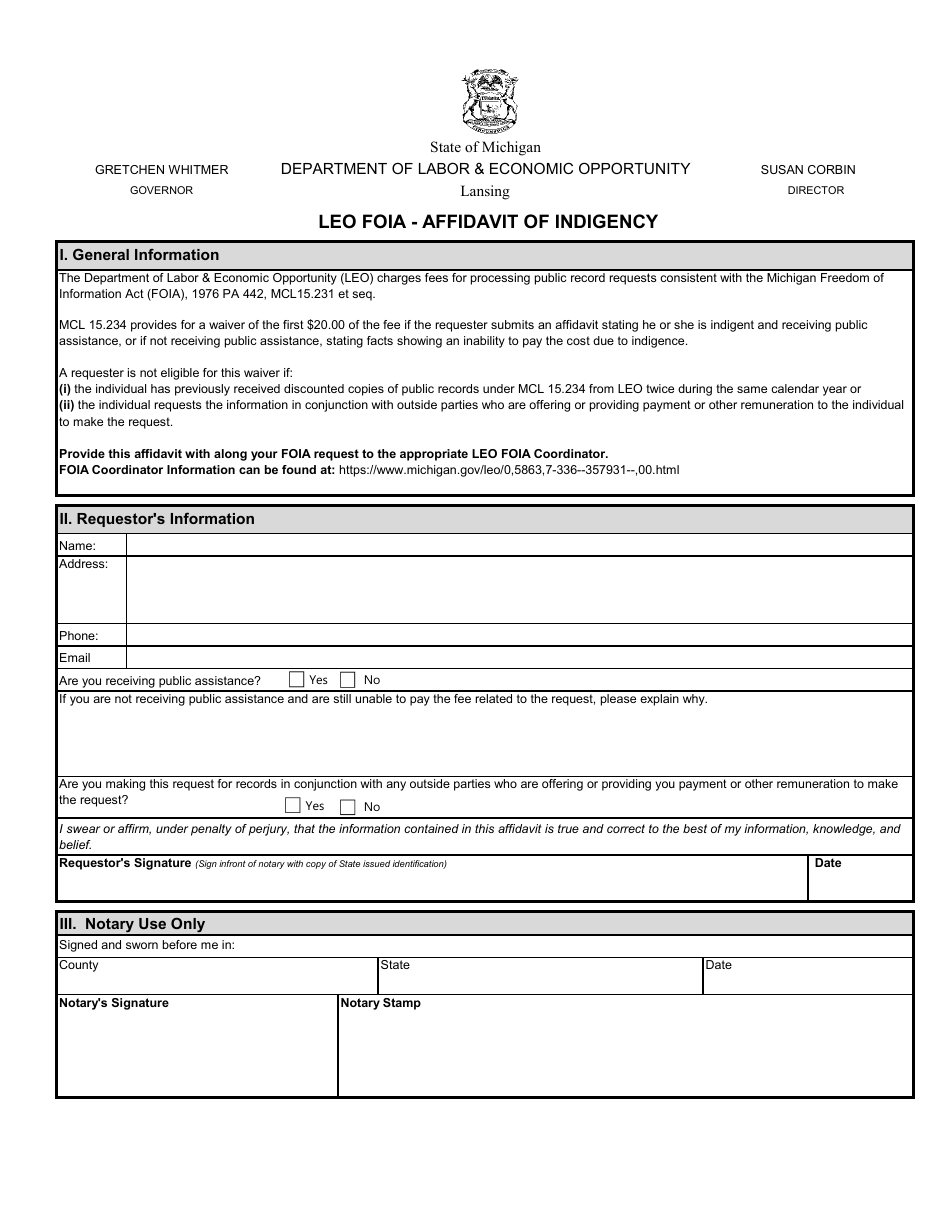 Michigan Leo Foia - Affidavit of Indigency - Fill Out, Sign Online and ...