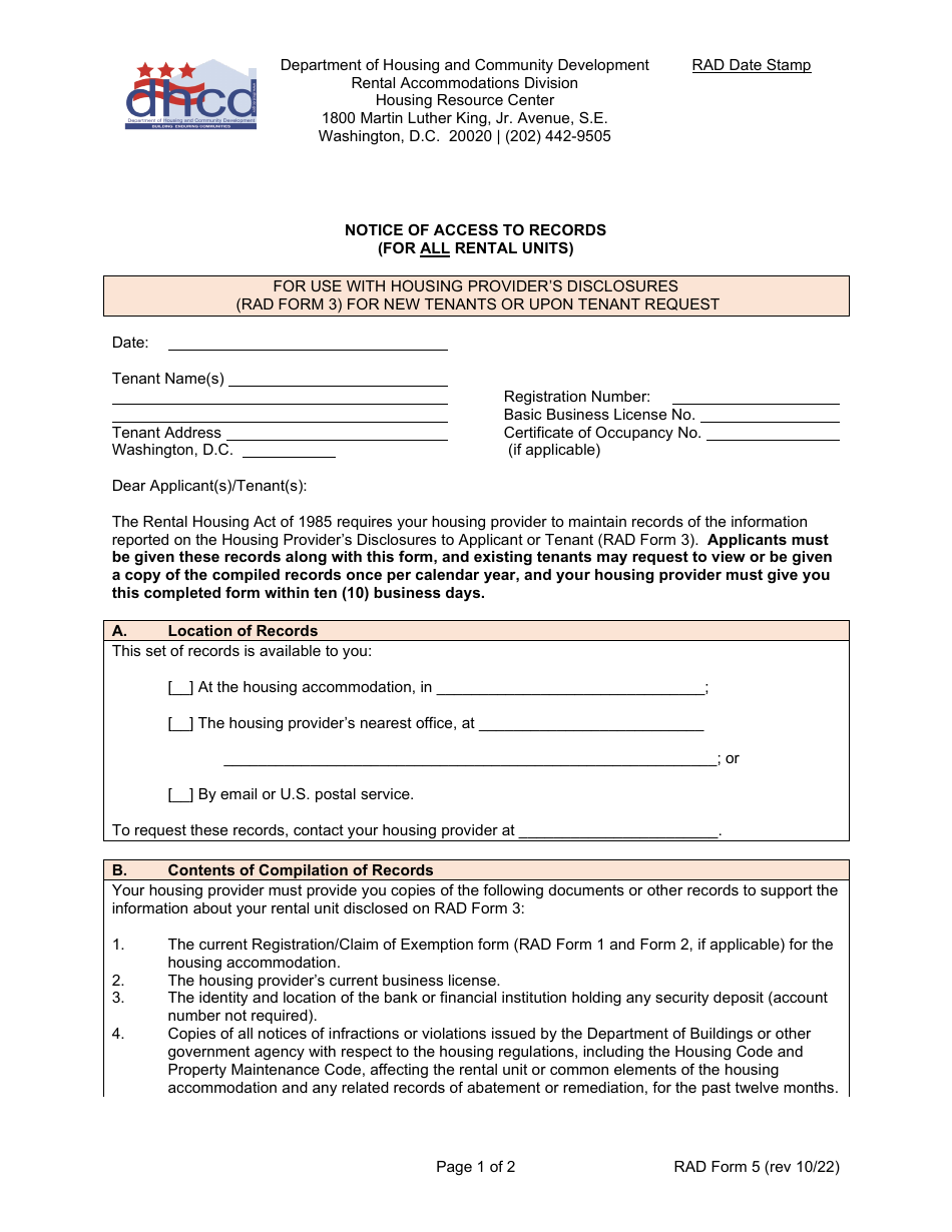 RAD Form 5 Download Fillable PDF or Fill Online Notice of Access to ...
