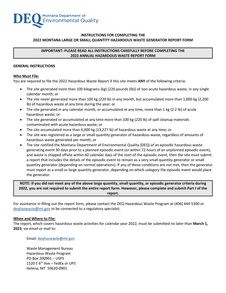 Download Instructions for Montana Hazardous Waste Generator Annual ...