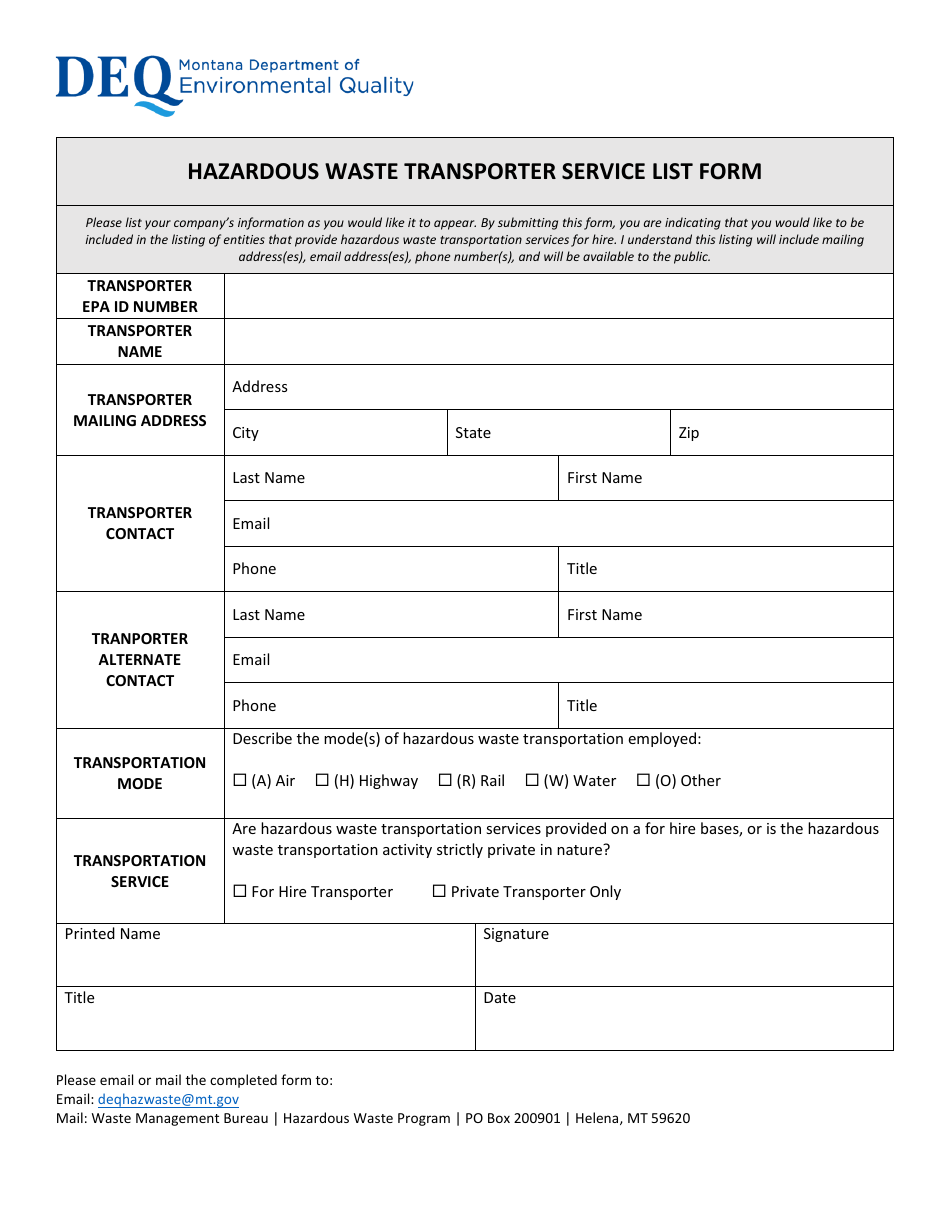 Montana Hazardous Waste Transporter Service List Form - Fill Out, Sign ...