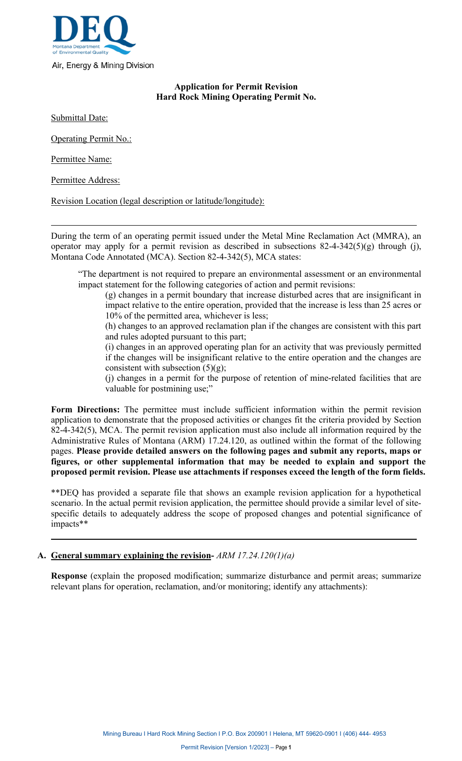 Montana Application for Permit Revision - Hard Rock Mining Operating ...