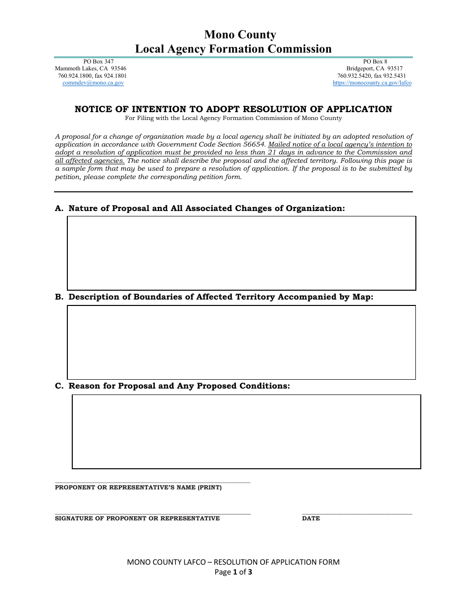 Mono County California Notice Of Intention To Adopt Resolution Of Application Fill Out Sign