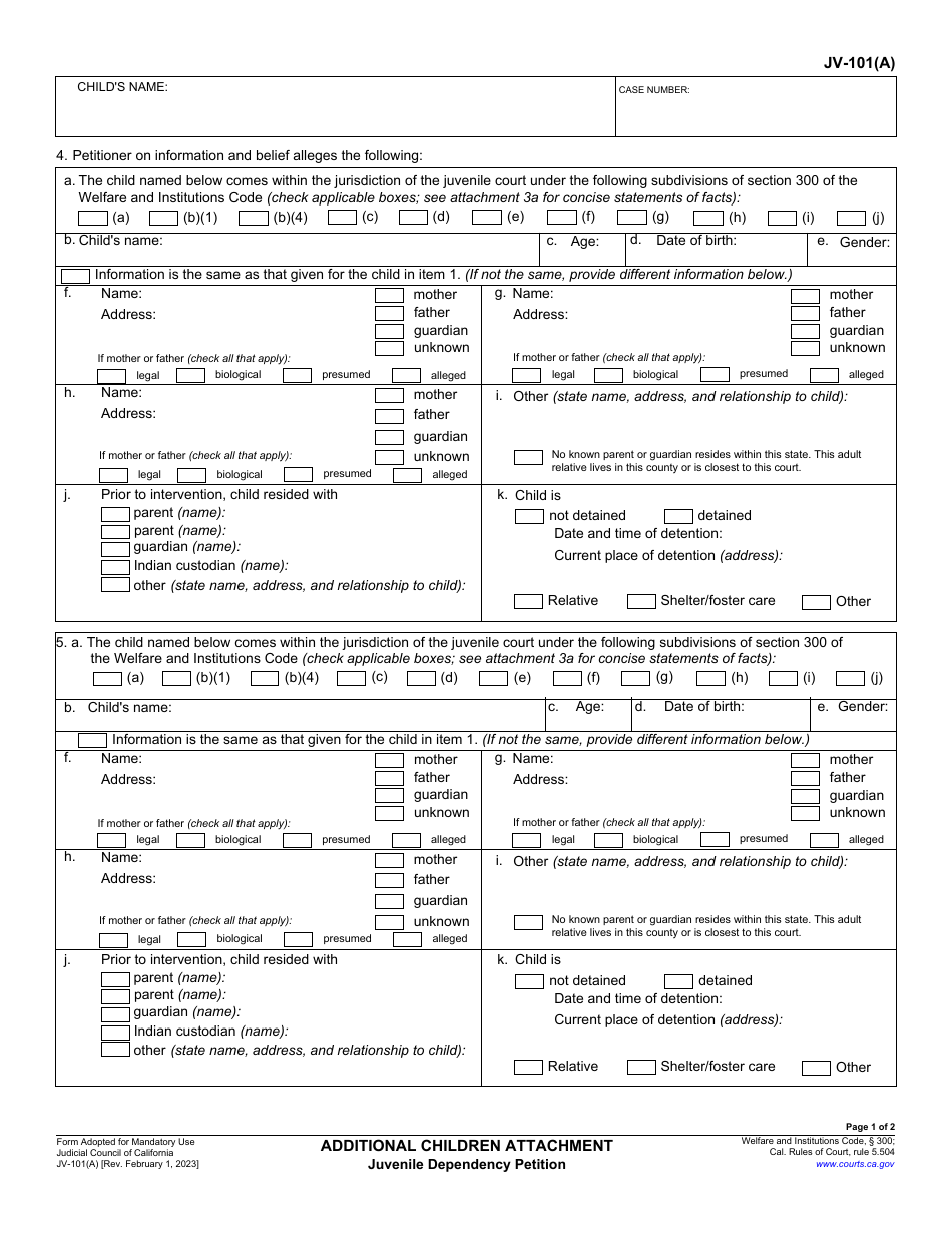 Form JV-101(A) Download Fillable PDF or Fill Online Additional Children ...