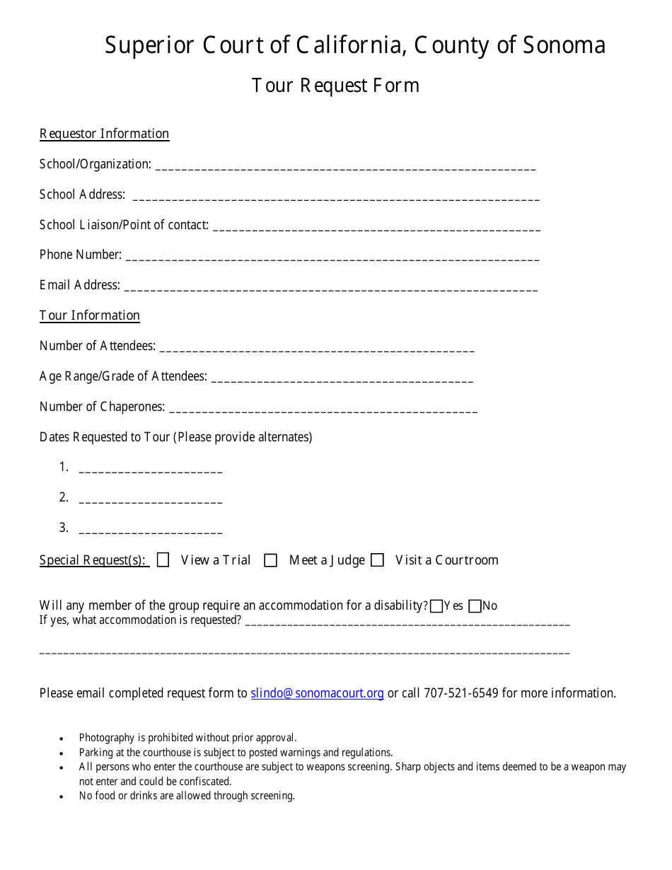 County of Sonoma, California Tour Request Form - Fill Out, Sign Online ...