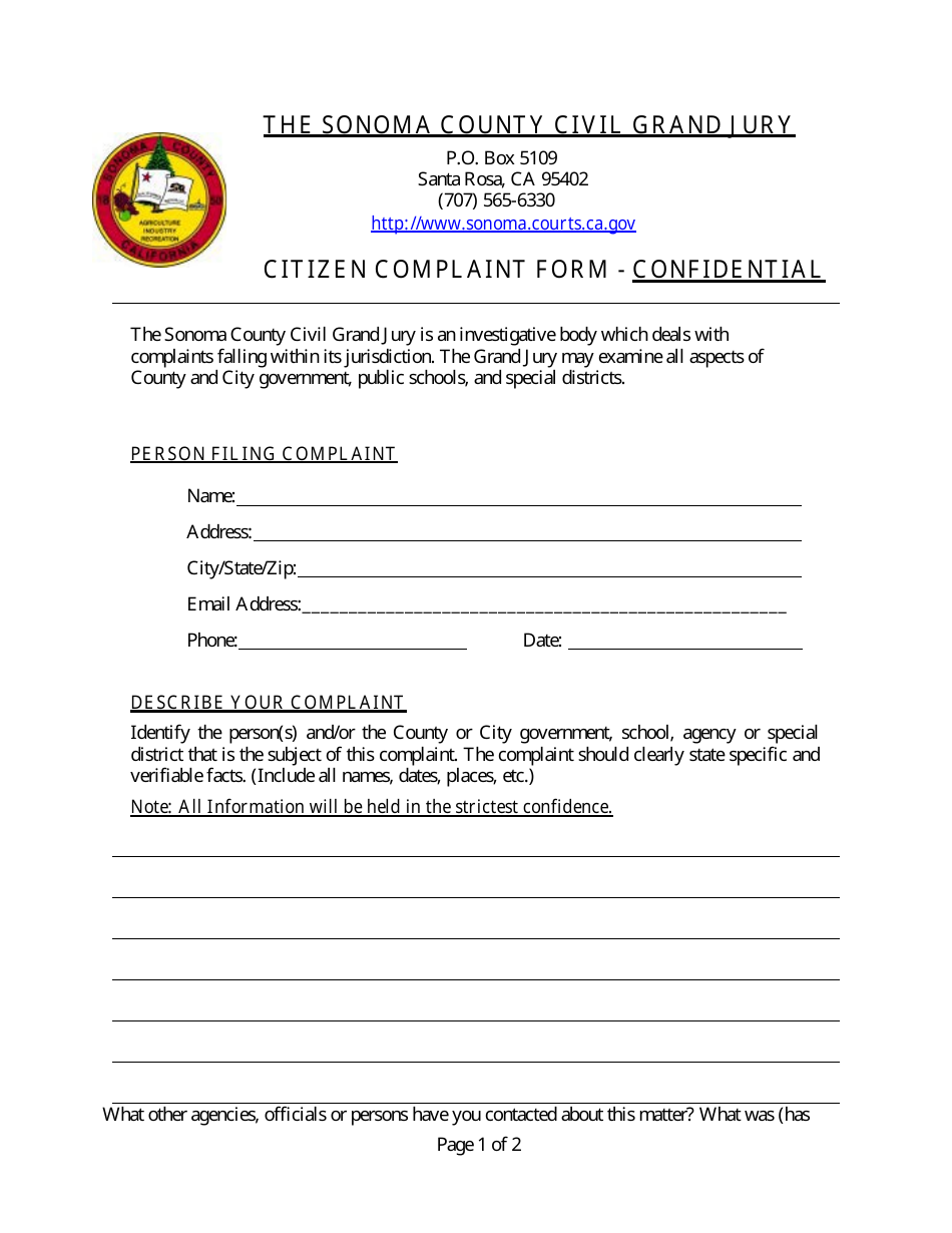 County of Sonoma, California Citizen Complaint Form - Fill Out, Sign ...