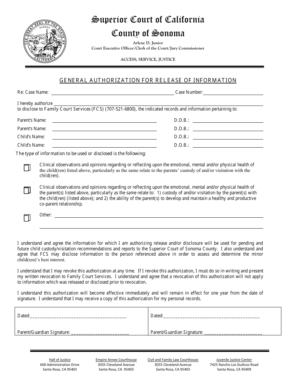 County of Sonoma, California General Authorization for Release of Information - Fill Out, Sign ...